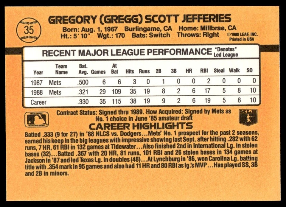 1989 Donruss Baseball Card Gregg Jefferies Rookie New York Mets #35 | eBay