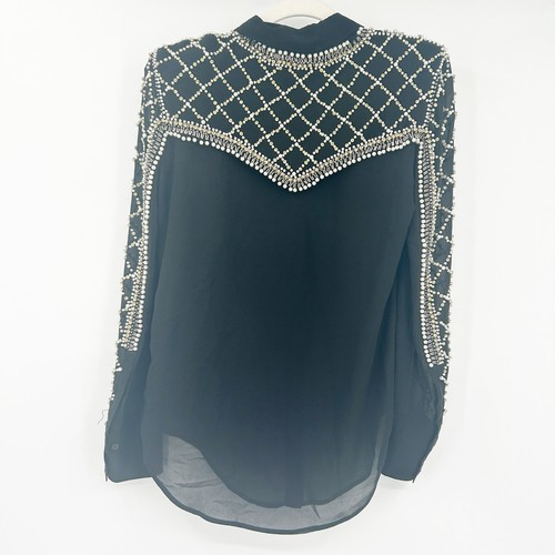 Balmain x H&M Womens 100% Silk Rhinestone Pearl Beaded Button Up Shirt ...
