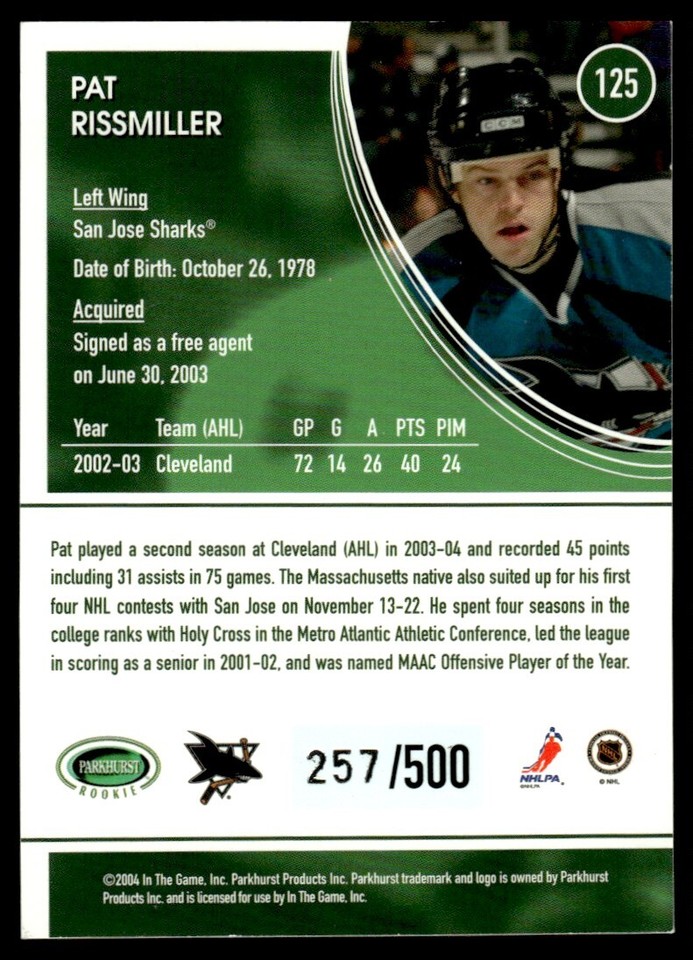 2003-04 Parkhurst Rookie Pat Rissmiller Rookie 257/500 San Jose Sharks ...
