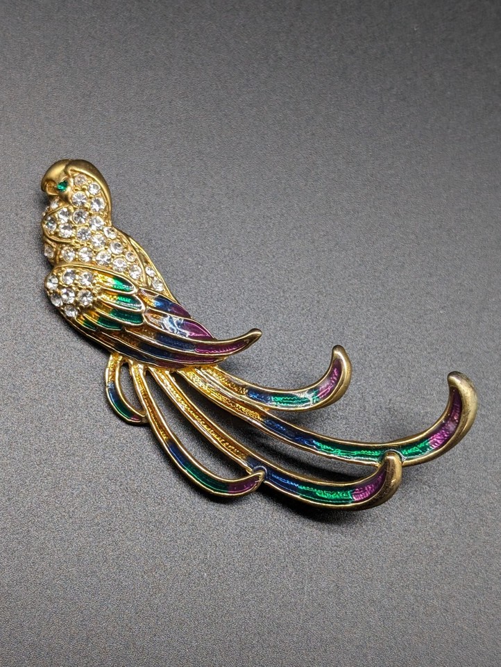 Vintage Gold Tone Pave Rhinestone & Enamel Parrot Bird Brooch Pin ...