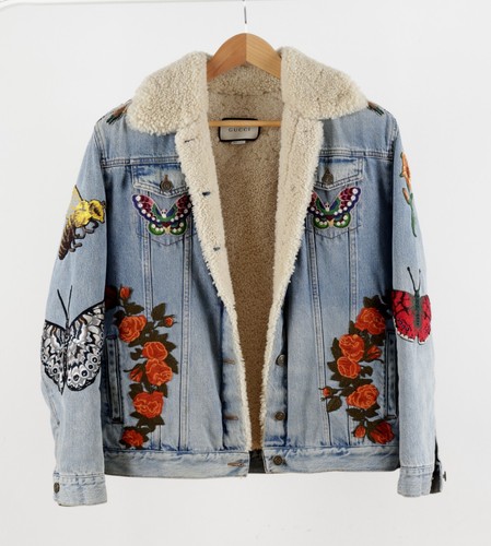 Gucci Shearling Blue Denim Patches Tiger Butterfly Flower Bird Jacket ...