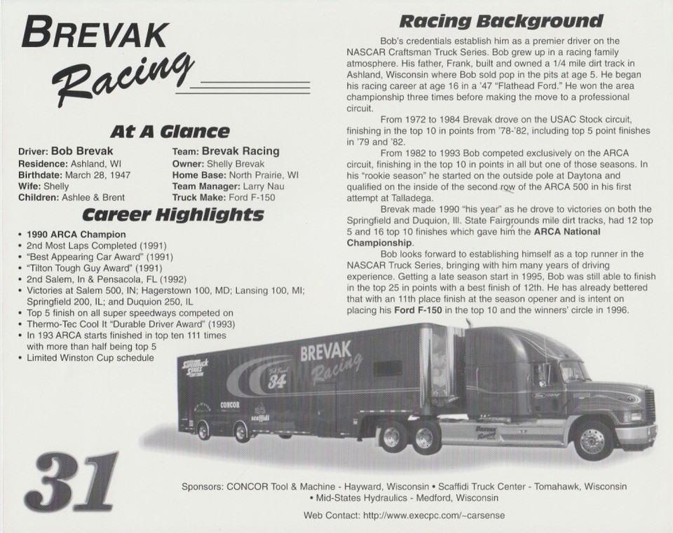 1996 Bob Brevak signed Brevak Racing Ford F-150 NASCAR CTS postcard | eBay