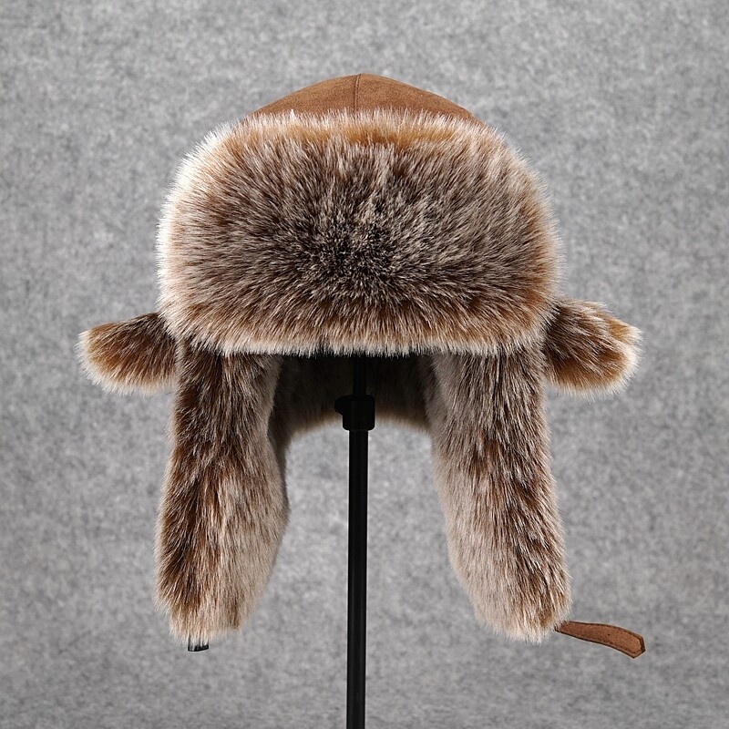 Mens Retro Trapper Hat Ski Ushanka Cossack Faux Fur Suede Leather Cap ...
