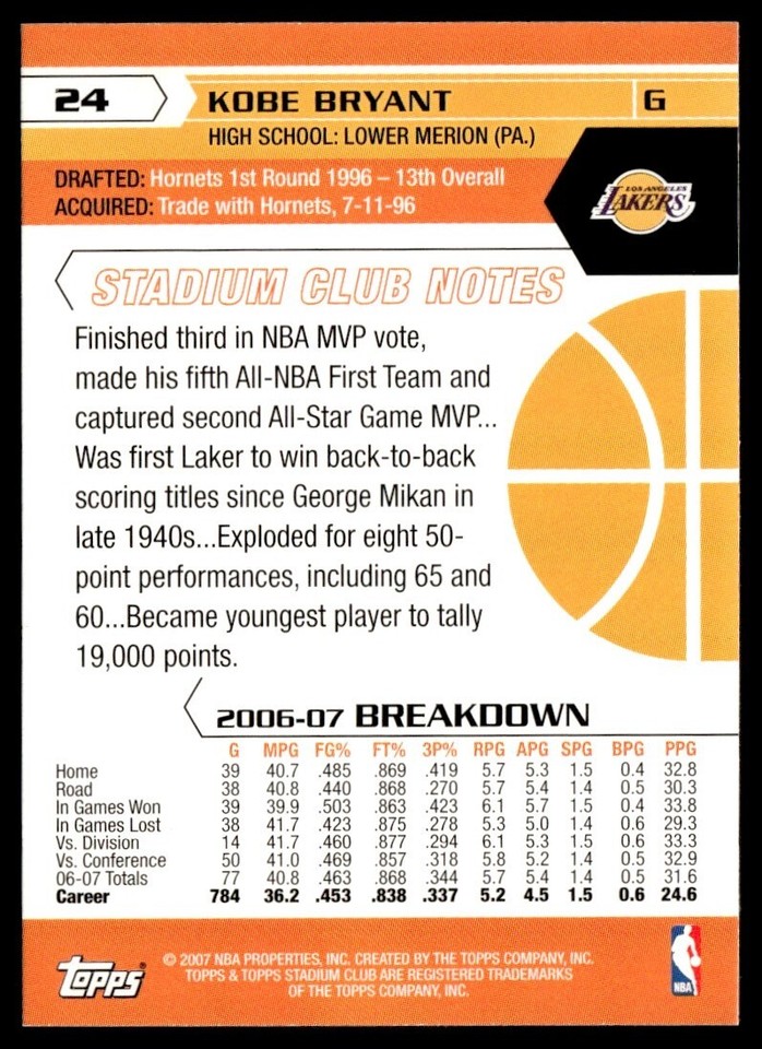 2007-08 Stadium Club Kobe Bryant Los Angeles Lakers #24 | eBay