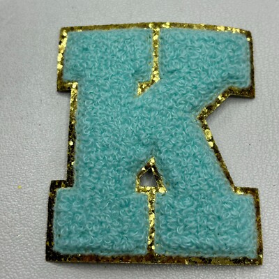 3" AQUA BLUE ish Chenille Letter Initial K Patch w/ Gold Sparkle Trim ...