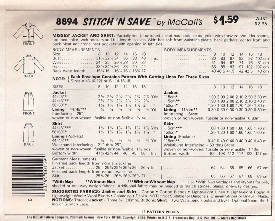 McCall's Pattern 8894 Misses's Jacket & Skirt Size 14-16-18 New/Uncut ...