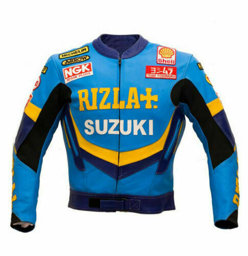 SUZUKI JACKET RIZLA BLUE MOTORBIKE MOTOGP MOTORCYCLE JACKET COWHIDE ...