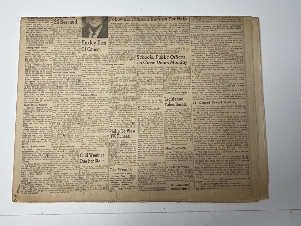 Historic Newspaper JFK Assassination Sunday Oregonian November 24 1963 ...