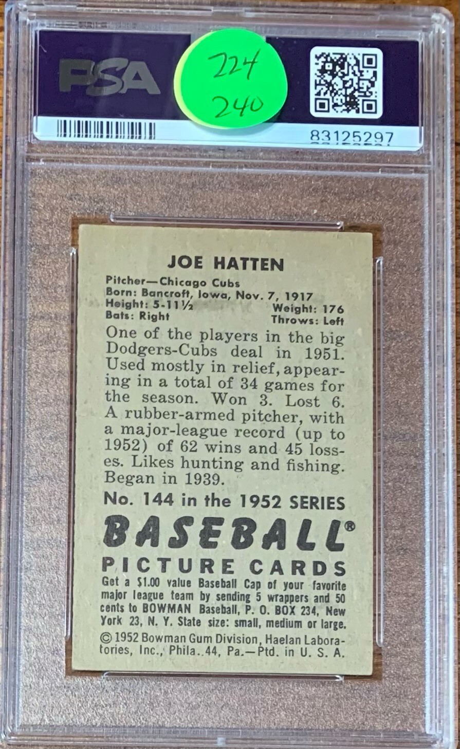 1952 Bowman - Joe Hatten #144 for sale online | eBay