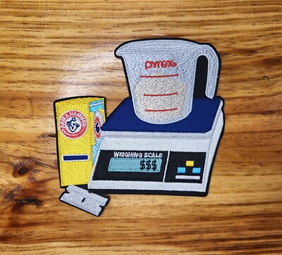 5" x 5.25" embroidered Pyrex, Scale, Baking Soda, and Razor iron-on ...