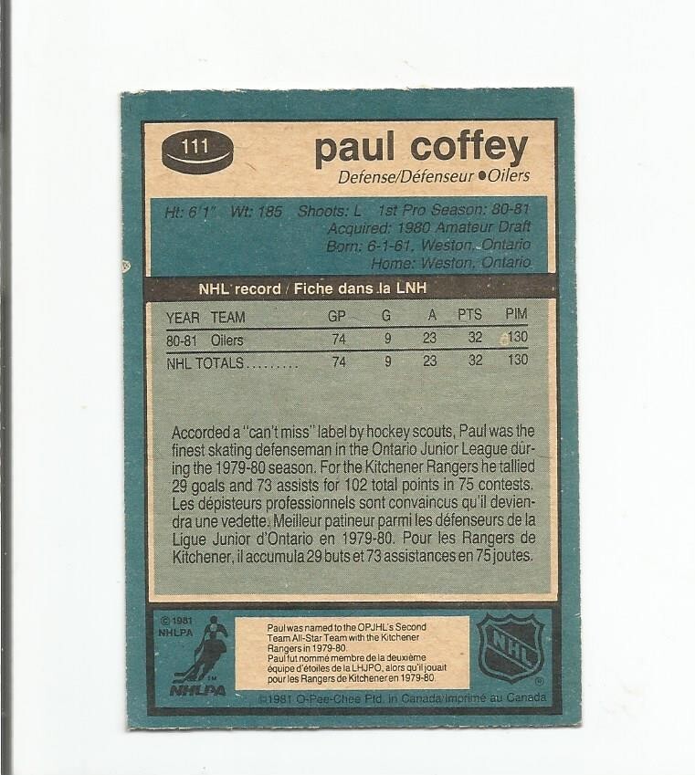 1984-85 PAUL COFFEY O-PEE-CHEE HOCKEY CARD #111 ROOKIE | eBay