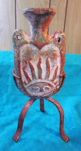 VTG Unglazed Incense Aztec Pottery Flat Jug w/Handles on Rusty Steel ...
