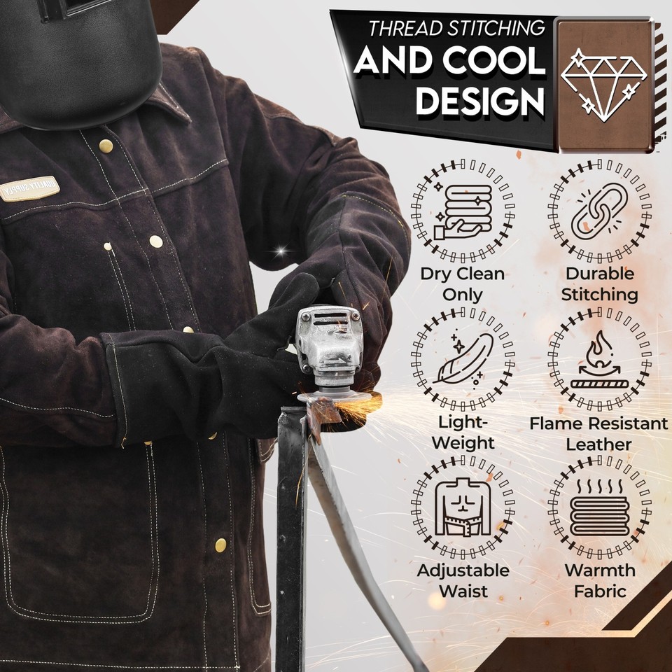 Leather Welding Jacket Flame Resistant Heavy Duty TIG MIG Welders Work ...