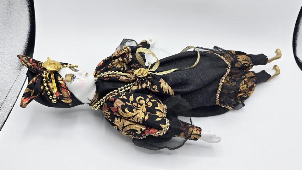 16' Black and Gold Harlequin Jester Clown Doll w/ Porcelain Head, Hands ...