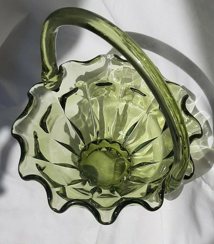 FENTON Glass Basket with handle COLONIAL GREEN Olive Green, Ruffled Rim ...