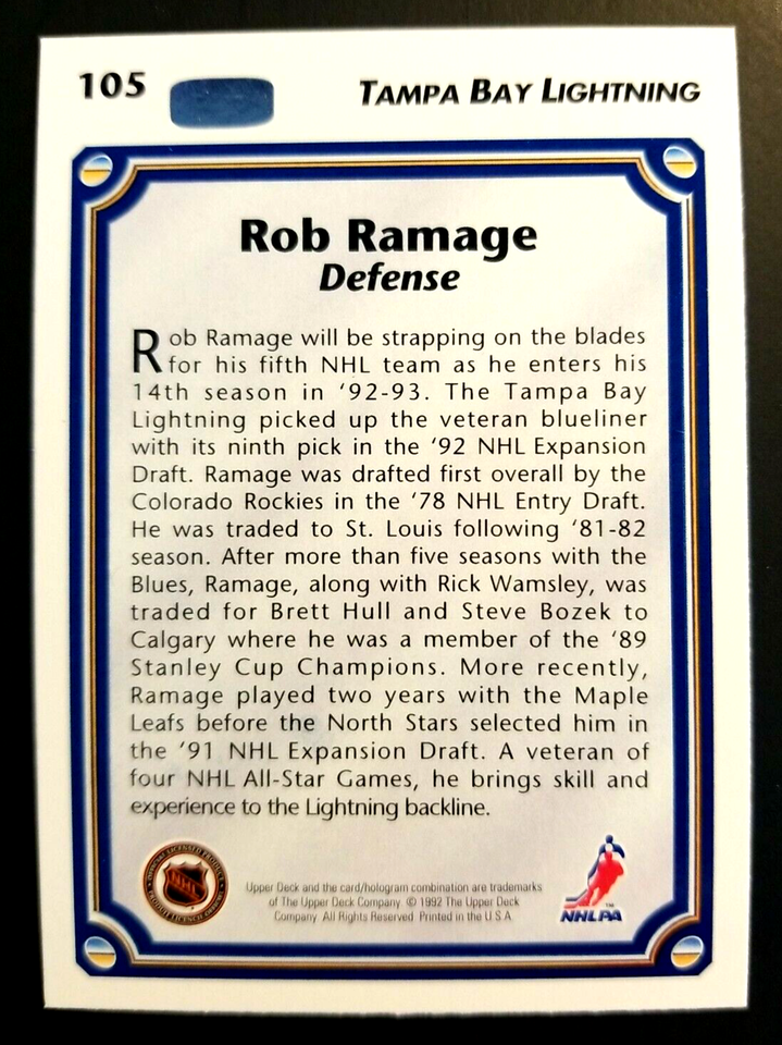 Rob Ramage Tampa Bay Lightning 1992 U.D. #105 NHL Autographed Hockey ...