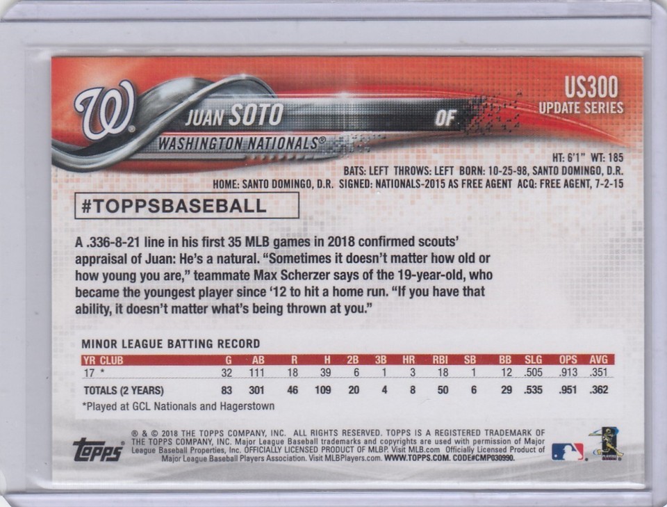 2018 Juan Soto Topps Update ROOKIE CARD #300 - New York NY Mets RC QTY ...