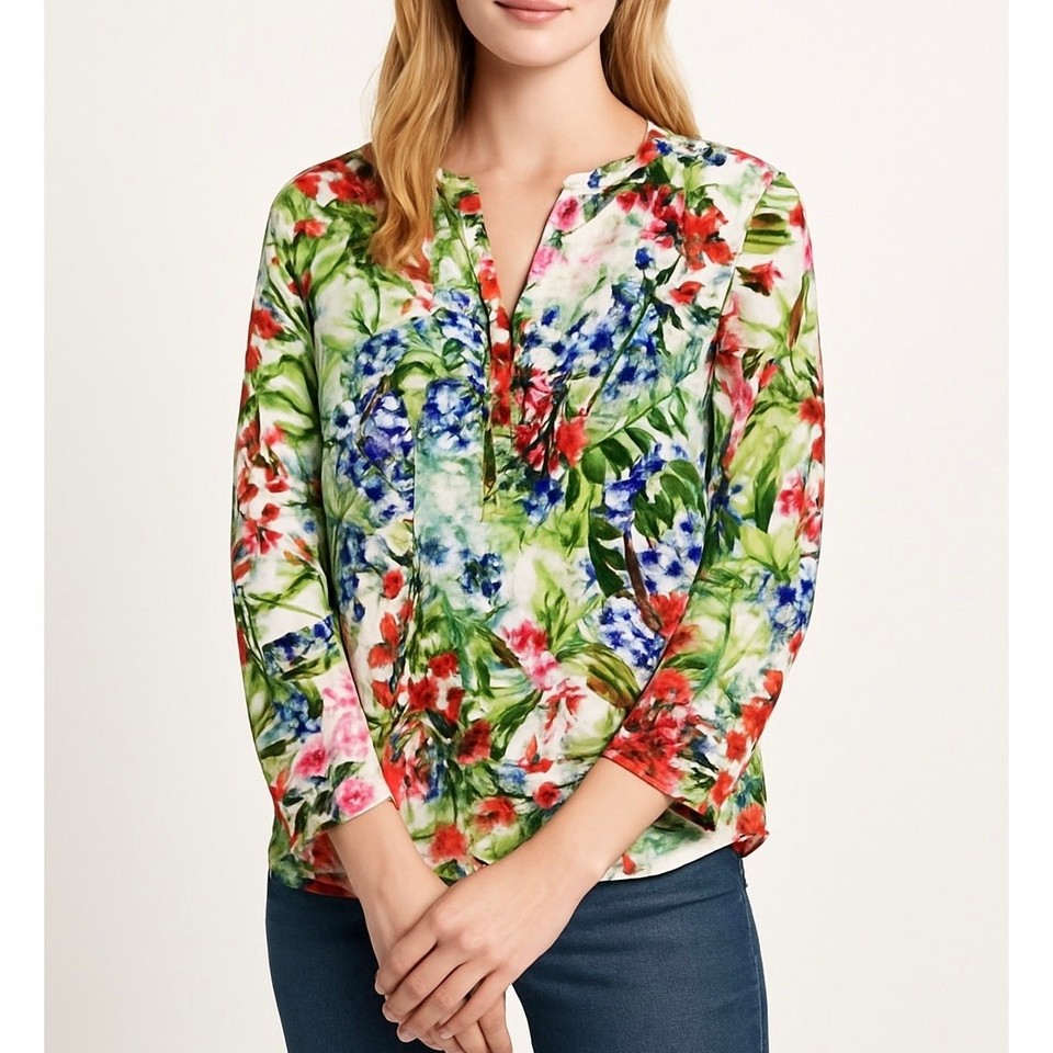 Talbots Floral Split Neck Blouse Large Colorful Garden Print Long ...