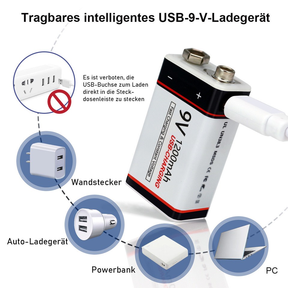 1000mAh USB 9V Battreries Lithium Rechargeable E-Block 9volt 6lr61 2 ...