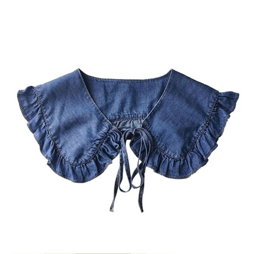 Women Cotton Washed Denim Blue Fake Collar Necklace Ruffled Trim Shawl ...