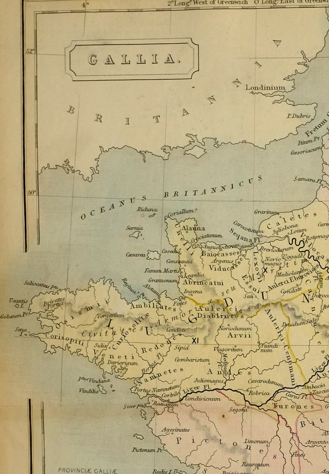 1851 HAND COLOURED ANCIENT MAP GALLIA AQUITANIA LUGDUNENSIS NARBONENSIS ...