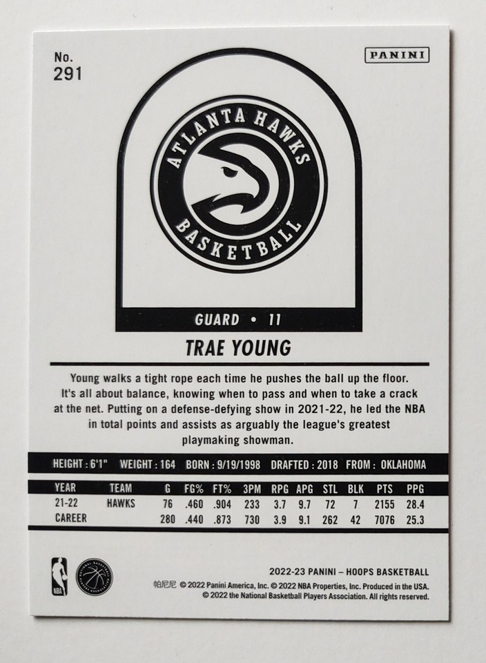 TRAE YOUNG 2022-23 Panini NBA Hoops Tribute #291 Atlanta Hawks | eBay