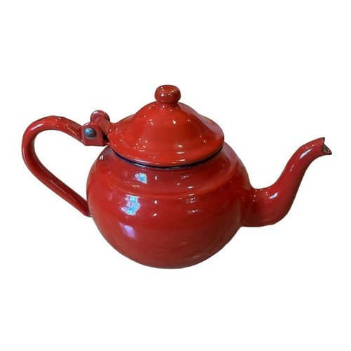 Vintage Tomato Red Enamel Small Tea Pot Hinged Lid White Inside 7” Wide ...