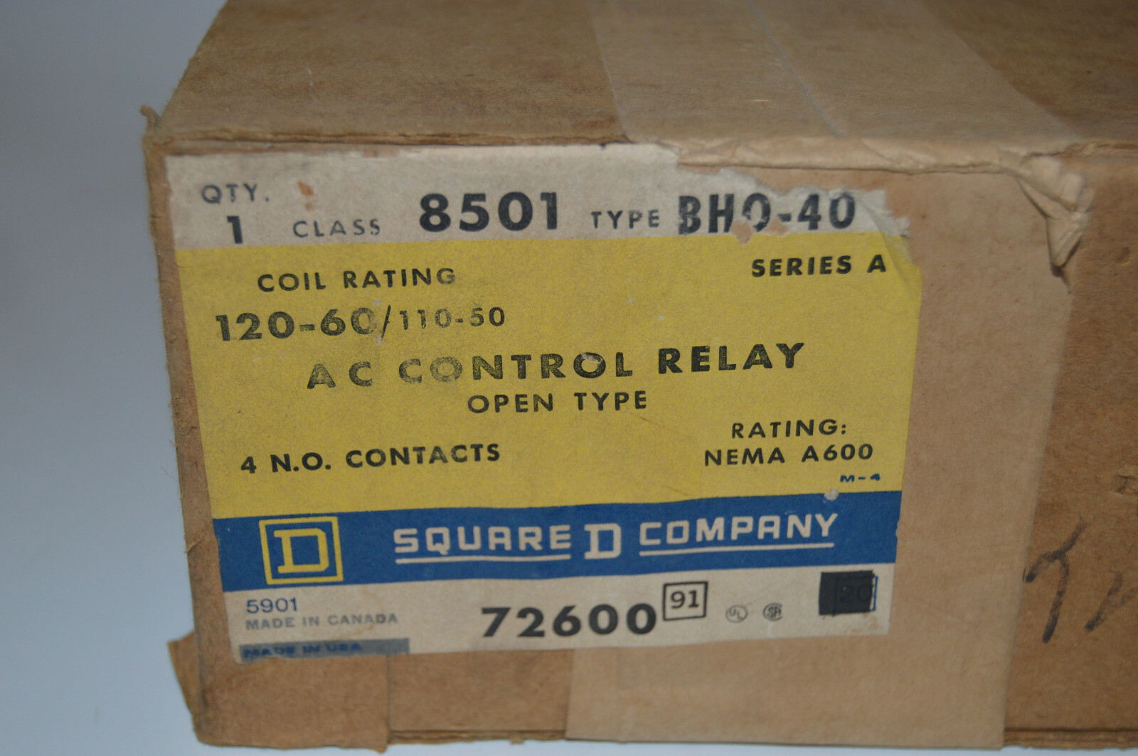 Square D 8501 BHO-40 4-Pole Machine Tool Relay, Series A, 120V Coil 15A ...