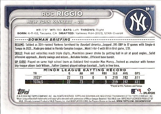 2024 BOWMAN PROSPECT NEW YORK YANKEES - ROC RIGGIO #BP-70 | eBay