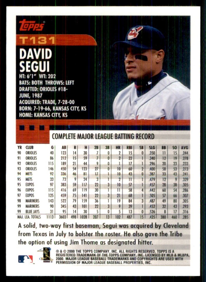2000 Topps Traded Rookies David Segui Cleveland Indians #T131 | eBay