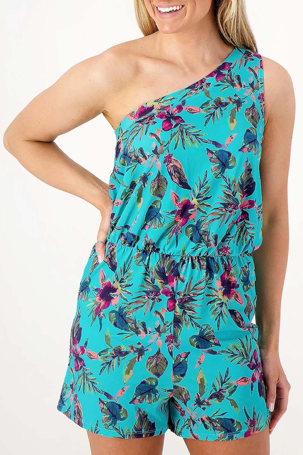 Denim & Co. Beach Swim Romper with Removable Strap Aqua Tropical | eBay