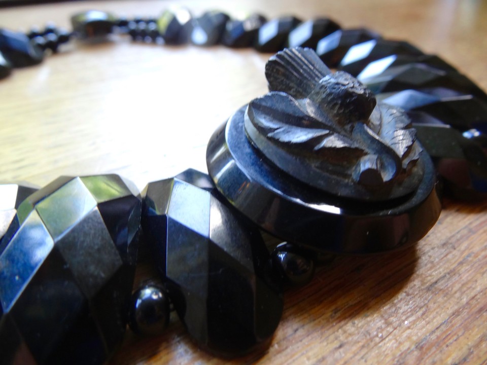 HUGE antique Victorian WHITBY JET thistle flower cameo collar necklace ...