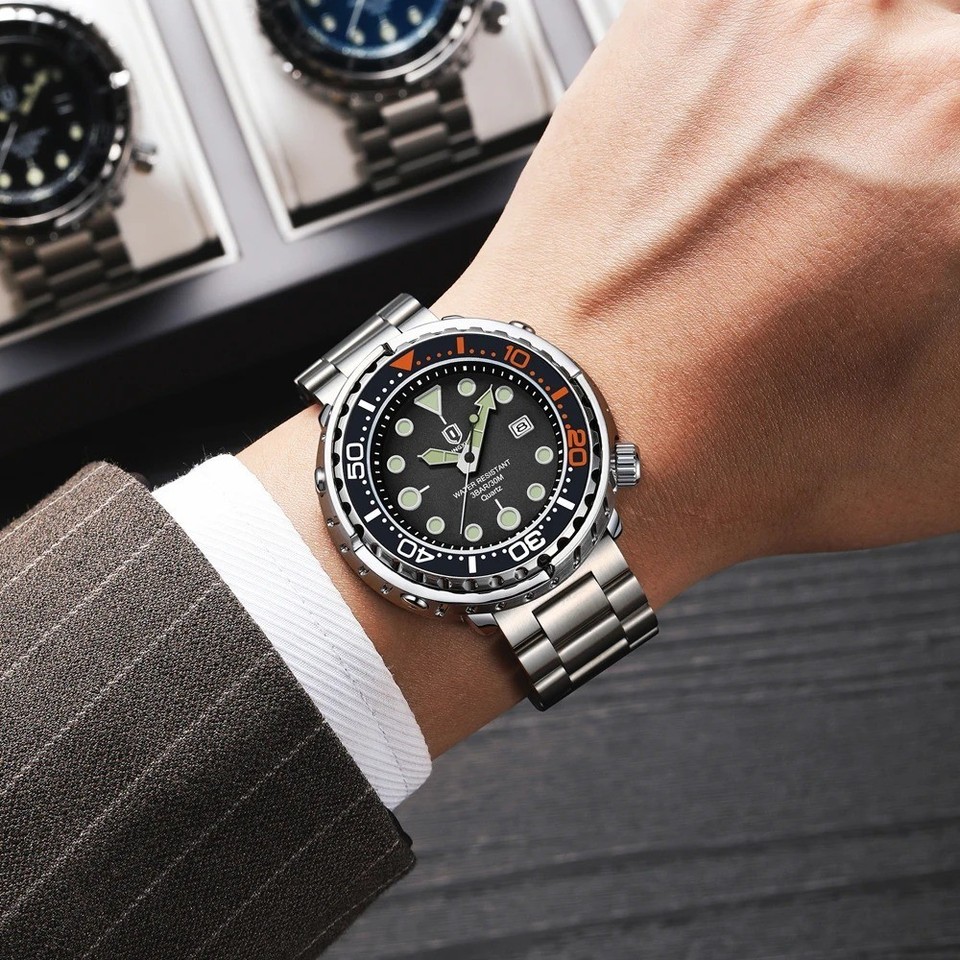 44MM QINGXIYA Tuna Quartz Mens Watch Stainless Steel 30M Waterproof ...