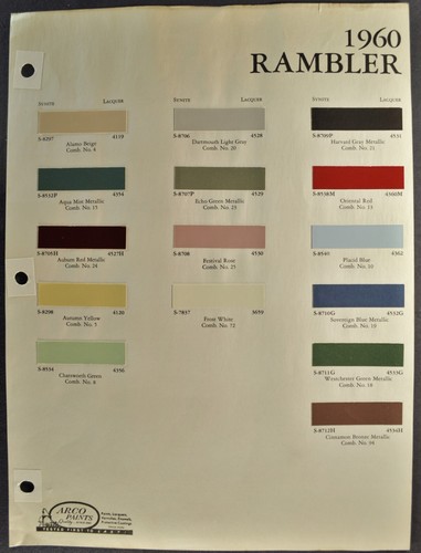 1960 Rambler Paint Chip Colors Sheet Rebel American Ambassador Wagon ...