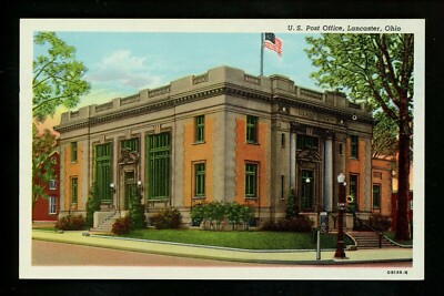 Post Office postcard Ohio OH Lancaster flag gardens columns recruit ...