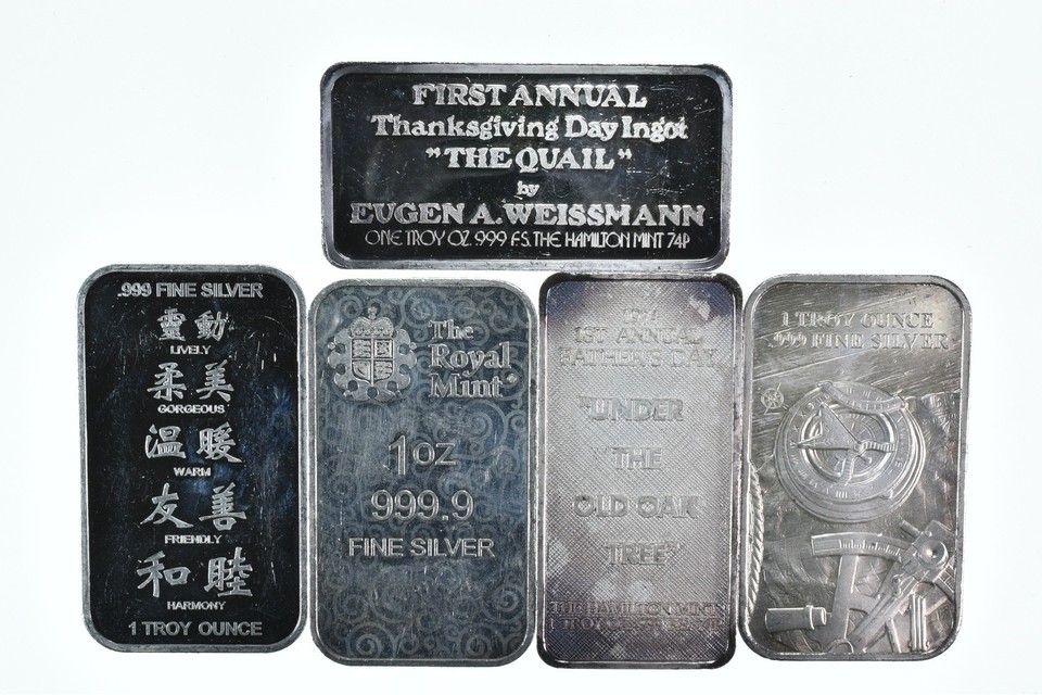 Lot 5 VINTAGE 1 Oz Silver Bars/Rounds Art Bars Collection Poured .999 * ...