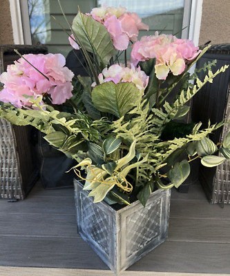 Pink Hydrangea & Fern Watercolor Plant in Metal Pot by Valerie Pink NEW ...