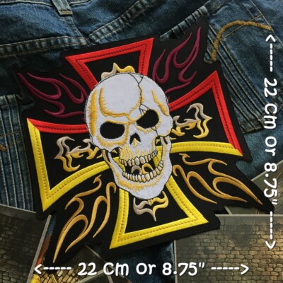Skull Chopper Cross Biker Motorcycle Iron on Embroidered Large Back ...