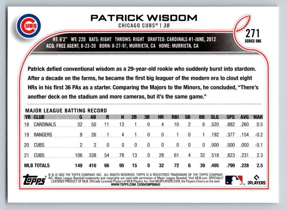 2022 Topps #271 Patrick Wisdom Chicago Cubs Baseball Card | eBay