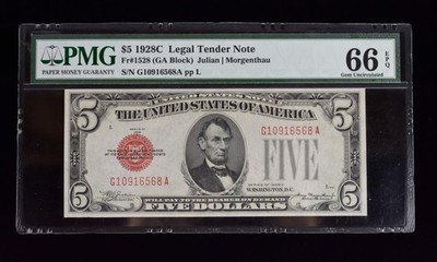 1928C $5 Legal Tender Note PMG 66 EPQ Gem UNC Julian, Morgenthau GA ...