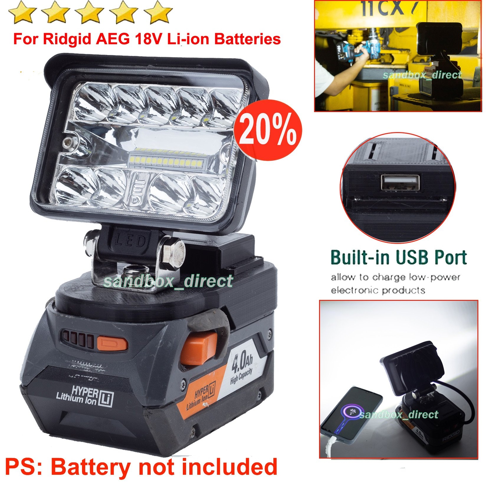 For RIDGID/AEG 18V Li-Ion LED Work Light Torch Flood Light High ...