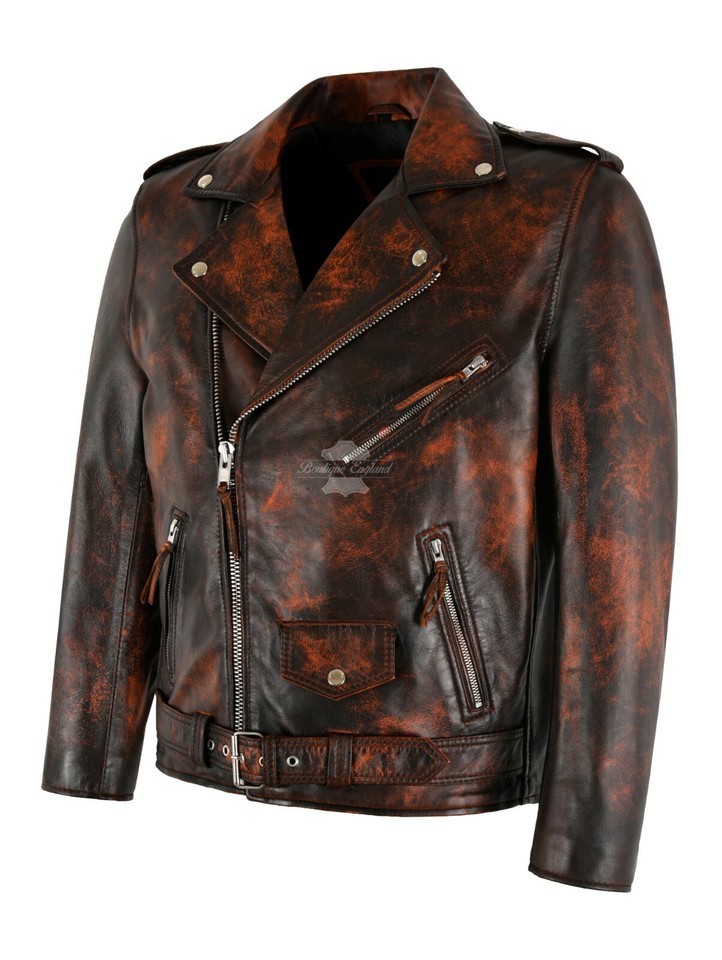 BRANDO Men's Leather Jacket Orange Rust Bikers Fashion Leather Jacket ...