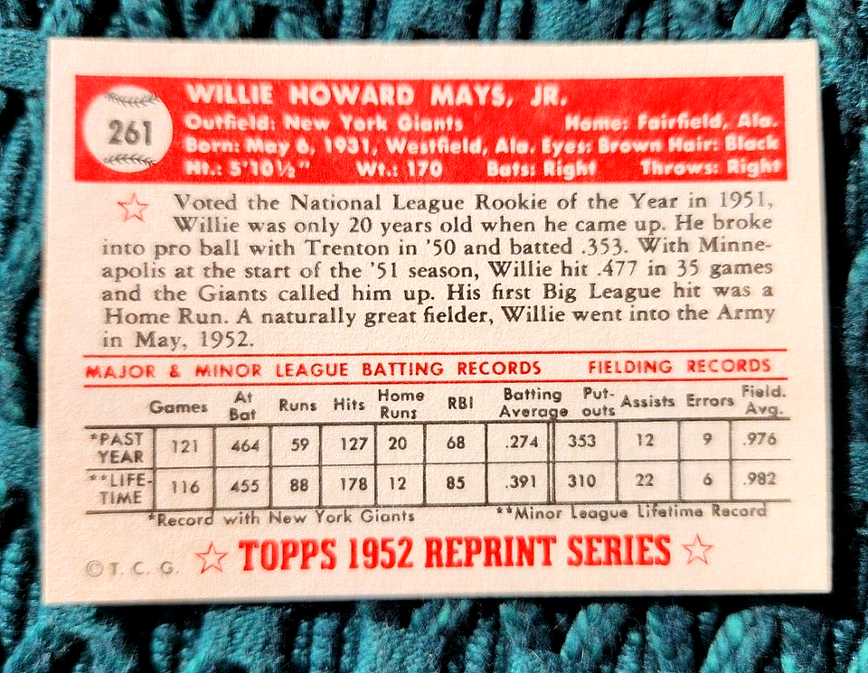 1983 Topps REPRINT SERIES '52 Willie Mays New York Giants # 261 NRMT-MT ...