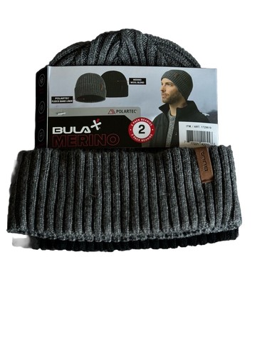 Bula Merino Wool Blend Beanie Hat /Cap Black And Grey Unisex (2 Pack ...
