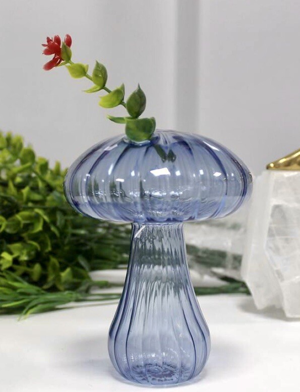BLUE GLASS MUSHROOM BUD VASE ORNAMENT, BOHO, HIPPIE, HOME DECOR, PLANT ...