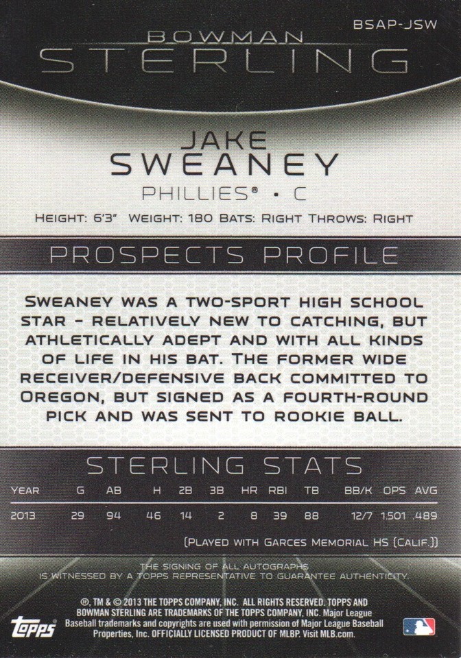 2013 Bowman Sterling Prospect Autographs #JSW Jake Sweaney Auto - NM-MT ...