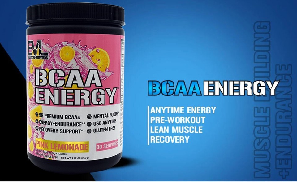 EVL BCAA Energy Pre Workout/Post Workout Energy Mix, Pink Lemonade BB ...