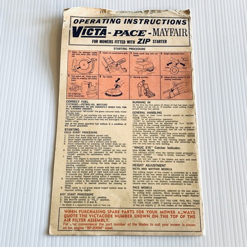 Victa Pace Mayfair Lawnmower Operating Instructions For Mowers With Zip ...