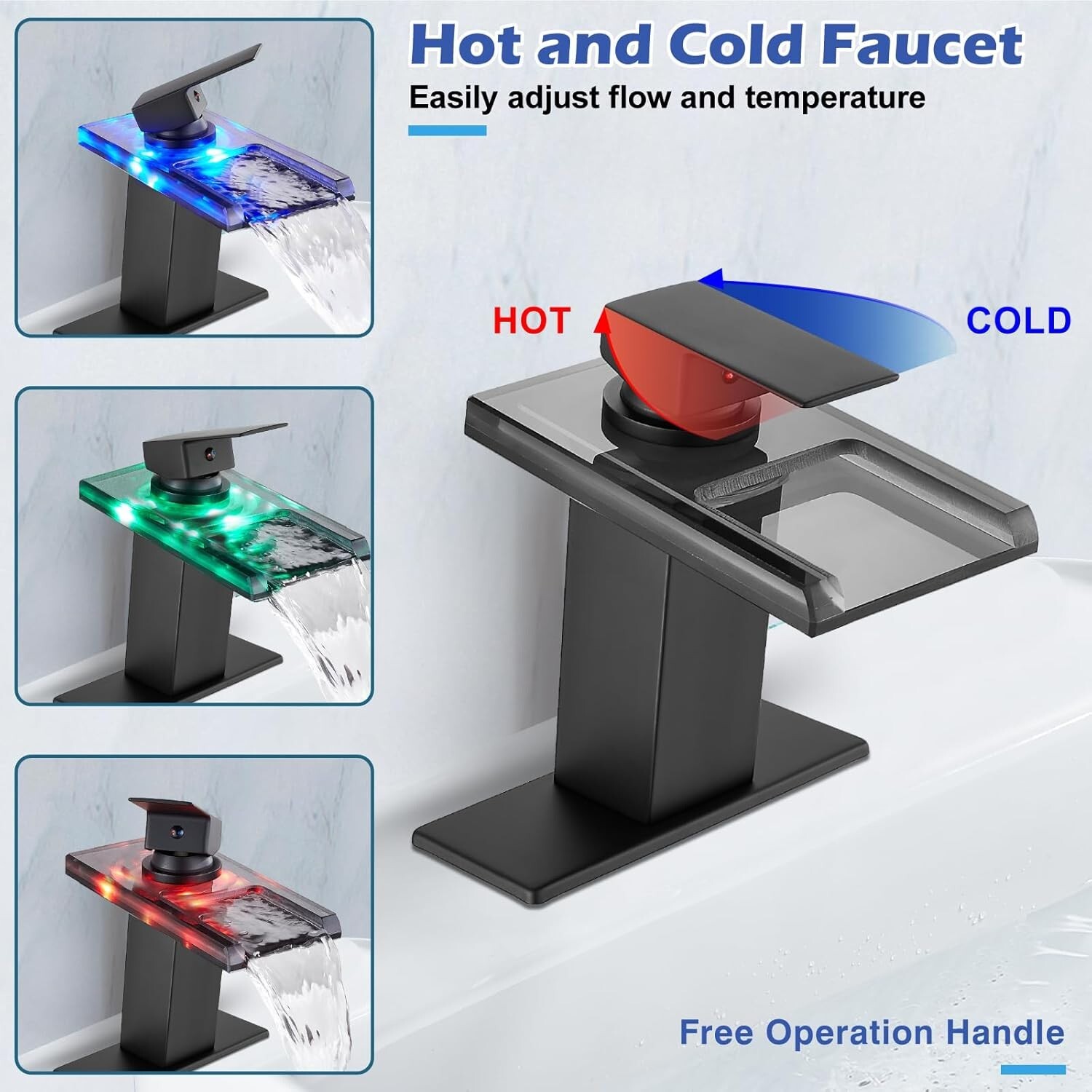 LED Black Waterfall Bathroom Sink Faucet Single Handle Basin Mixer Tap ...