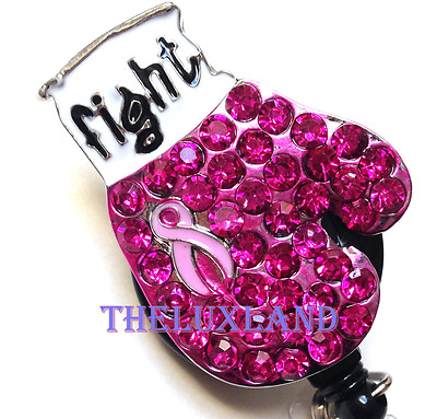 Rhinestone retractable ID badge holder reel - Pink Ribbon Flight Boxing ...